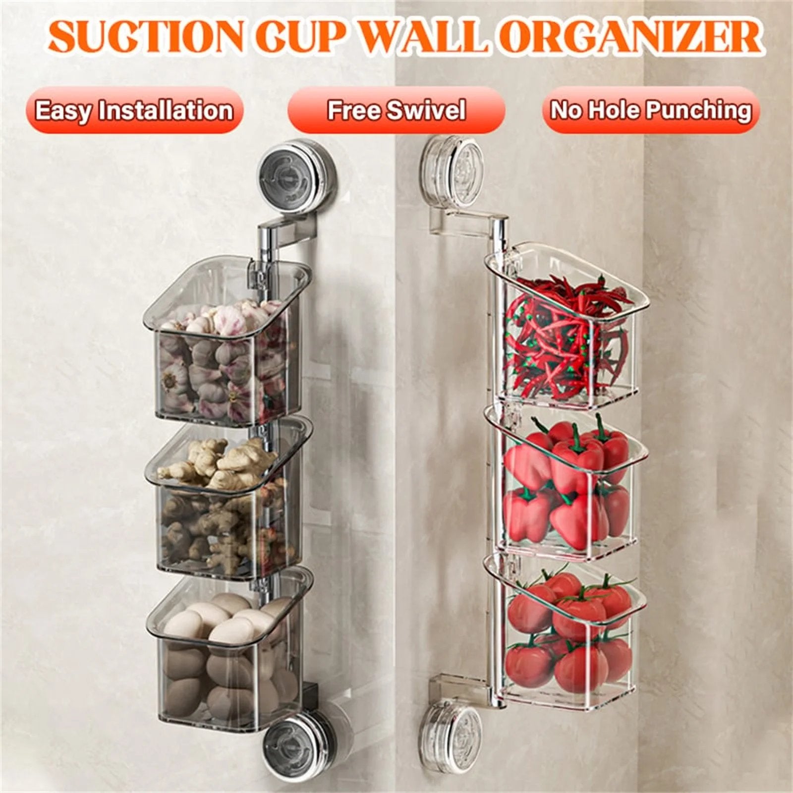 3 Tier Kitchen Suction Cup Rotating Organizer Shelf - Onion, Ginger And ...